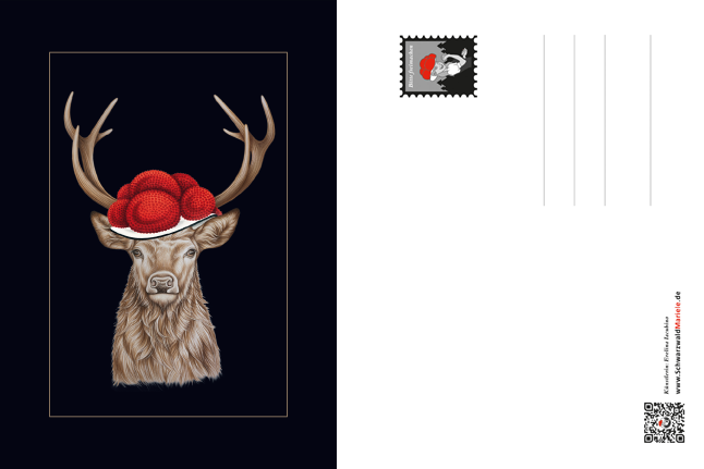 Postkarte Bollenhut Hirsch 2 - Schwarzwaldmariele Postkarte Bollenhut Hirsch 2 - Schwarzwaldmariele